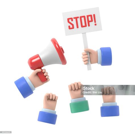 시위대의 만화 손과 확성기와 정지 신호 항의 개념 혁명 갈등 흰색 배경에 3d 렌더링 3차원 형태에 대한 스톡 사진 및 기타 이미지 Istock