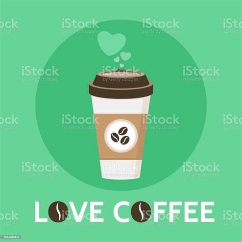 커피 컵 벡터 일러스트입니다 커피 로그인을 사랑 해요 평면 스타일에 종이 커피 컵입니다 녹색 배경에 절연 개념에 대한 스톡 벡터