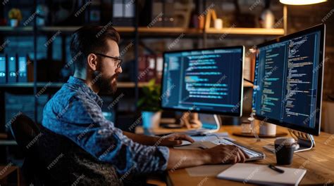 Premium Photo Software Developer Coding Late At Night Aig