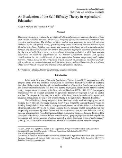 Pdf An Evaluation Of The Self Efficacy Theory In Agricultural Education