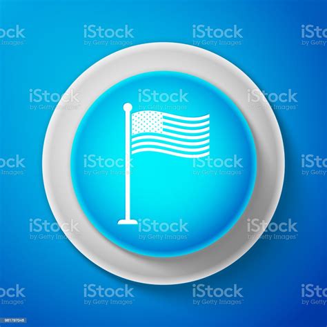 깃대 아이콘 파란색 배경에 고립의 미국 화이트 국가 플래그 미국 국기에 서명합니다 화이트 라인 블루 원형 버튼입니다 벡터 일러스트 레이 션 3차원 형태에 대한 스톡 벡터