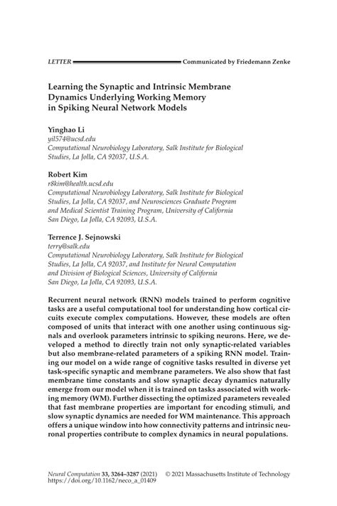 Pdf Learning The Synaptic And Intrinsic Membrane Dynamics Underlying Working Memory In Spiking