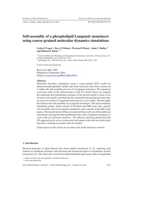 Pdf Self Assembly Of A Phospholipid Langmuir Monolayer Using Coarse Grained Molecular Dynamics