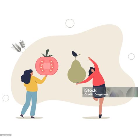 신선한 유기농 야채를 들고 있는 캐릭터 채식주의자가 건강한 음식을 먹습니다 균형 잡힌 비건 식단 Concept배와 토마토 개념에 대한 스톡 벡터 아트 및 기타 이미지