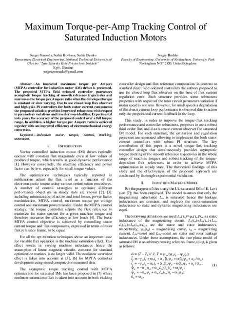 Pdf Maximum Torque Per Amp Tracking Control Of Saturated Induction Motors Sergei Peresada