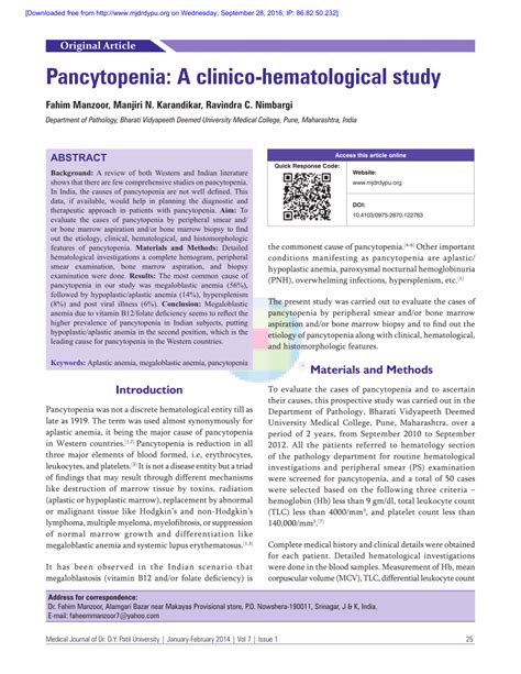 Pdf Pancytopenia A Clinico Hematological Study