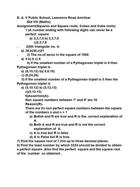 Assignment Square Root Ancd Cube Root Pdf Numbers Arithmetic