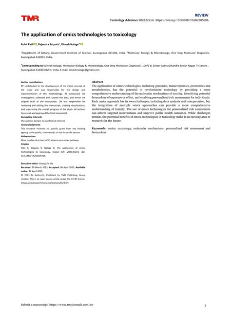Pdf The Application Of Omics Technologies To Toxicology