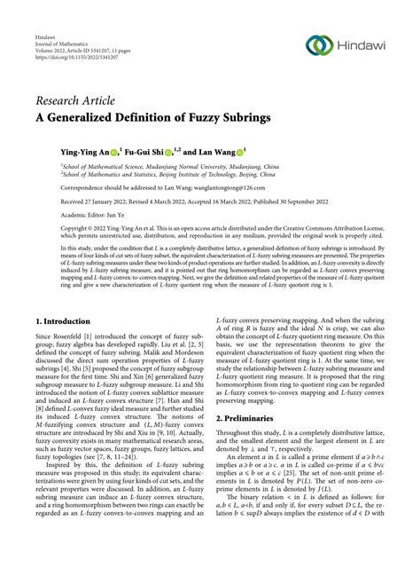 Pdf A Generalized Definition Of Fuzzy Subrings