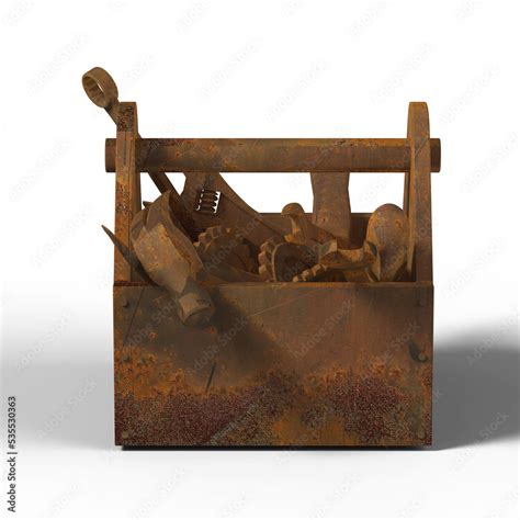 Stained Worn Out Toolbox With Rusty Tools Wrench Spanner Hammer Screwdriver D Rendering