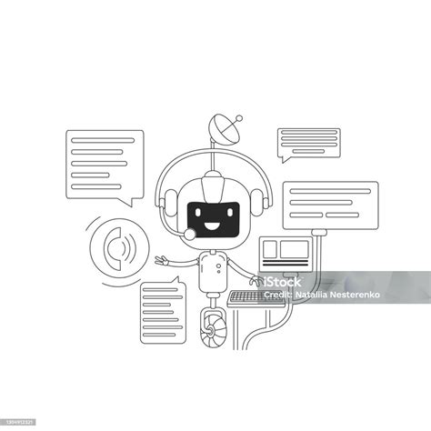 챗봇 통신 앱 씬 라인 컨셉 벡터 일러스트레이션 온라인 채팅 응용 프로그램 웹 디자인을 위한 인터넷 지원 서비스 로봇 2d 만화 캐릭터 토크 봇 크리에이티브 아이디어 2차