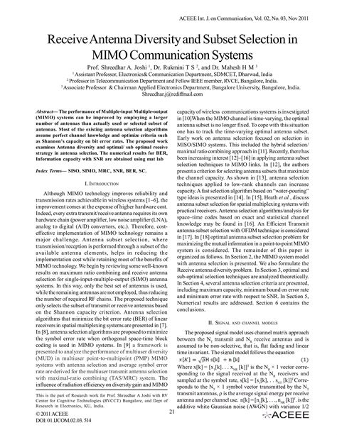 Receive Antenna Diversity And Subset Selection In Mimo Communication Systems Pdf Computing