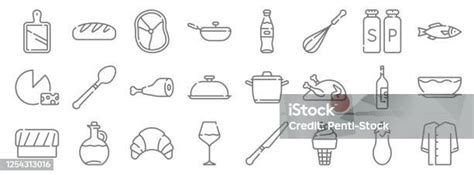 미식 라인 아이콘 선형 집합입니다 슈트 아이스크림 와인 잔 요리사 모자 와인 병 햄 다리 생선 탄산음료 빵 과 같은 품질 벡터 라인 세트 0명에 대한 스톡 벡터 아트 및