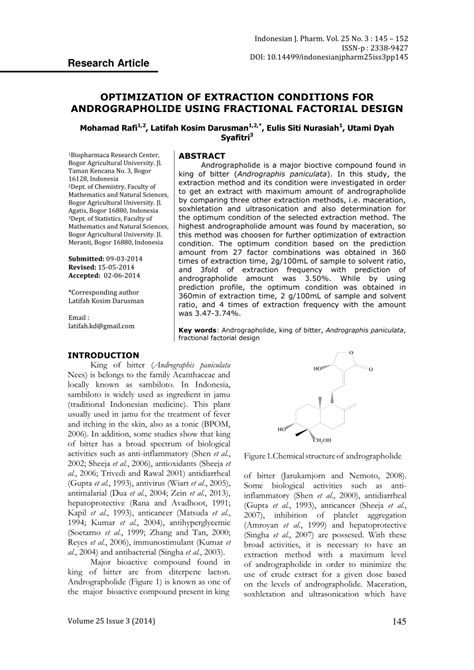 Pdf Optimization Of Extraction Conditions For Andrographolide Using Fractional Factorial Design