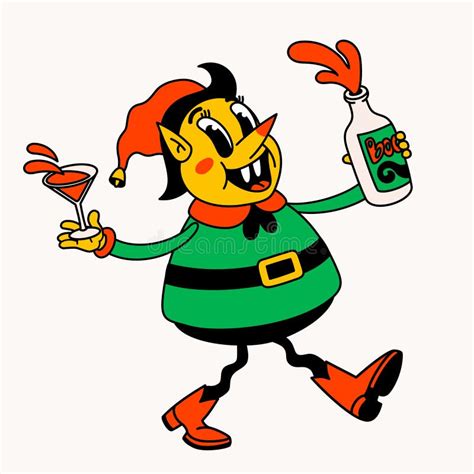 Drunk Santas Elf Groovy Vintage Funny Elf Character With Cocktail And