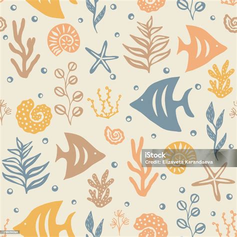바다 바닥 완벽 한 패턴 여름 해변 해변 벡터 인쇄 물고기 불가사리 조개 산호와 함께 해저 세계 패턴 직물 벽지를 위한 해변