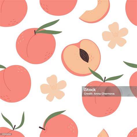복숭아와 매끄러운 패턴 코티지코어 복숭아 넥타린 살구 사과의 절반 슬라이스 및 전체 모양 복숭아 배경 연속무늬에 대한 스톡 벡터 아트 및 기타 이미지 Istock