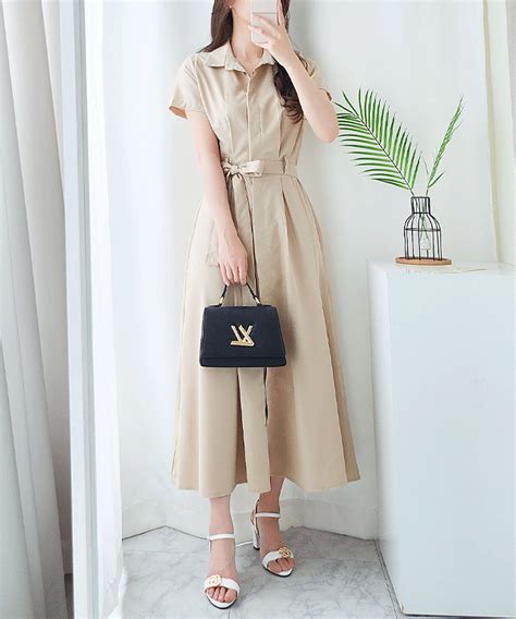 여름신상3color 코튼 카라 셔츠 핀턱 플레어 A라인 플리츠 반팔 롱 원피스 에이블리