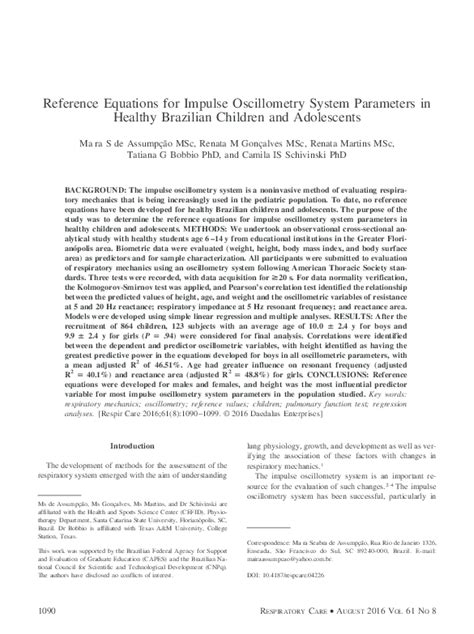 Pdf Reference Equations For Impulse Oscillometry System Parameters In