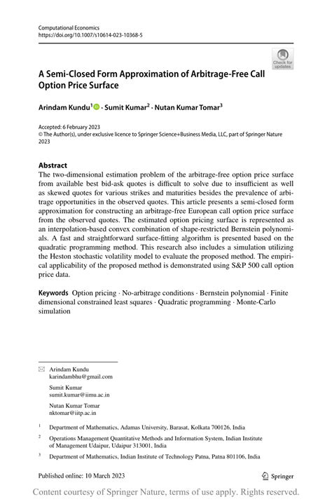 A Semi Closed Form Approximation Of Arbitrage Free Call Option Price Surface Request Pdf