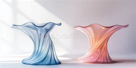 Elegant Glass Sculptures In Blue And Pink With Flowing Design Stock