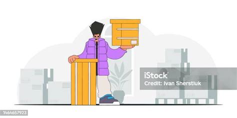 매력적인 남자가 상자를 들고 있습니다 소포와 물품의 운송을 보여주는 예술 작품 가상현실에 대한 스톡 벡터 아트 및 기타 이미지 가상현실 남자 배달 Istock