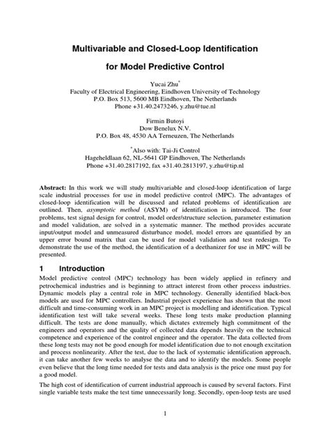 multivariable and closed loop identification for model predictive