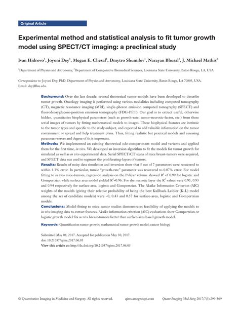 Pdf Experimental Method And Statistical Analysis To Fit Tumor Growth Model Using Spect Ct