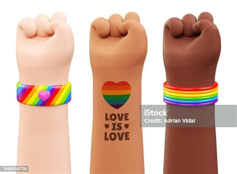 Lgbtqia 프라이드의 달 축하를 위해 흰색 배경에 프라이드 지원 팔찌가 있는 고립된 다민족 주먹 3d 그림에서 개체 잘라내기 3차원 형태에 대한 스톡 사진 및 기타