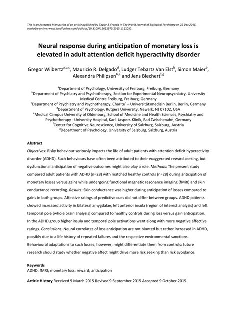 Pdf Neural Response During Anticipation Of Monetary Loss Is Elevated In Adult Attention