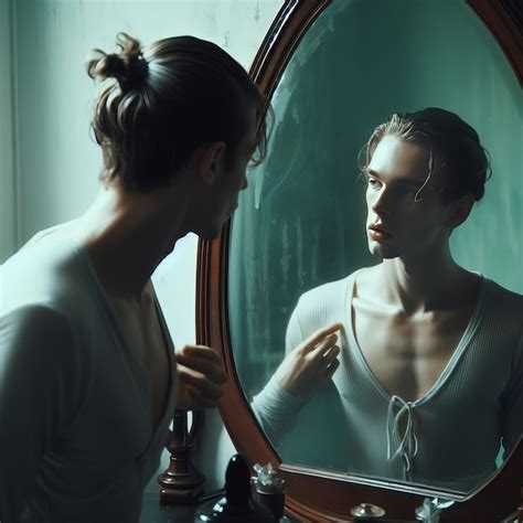 Portrait Of A Young Man Looking At His Reflection In A Mirror Premium