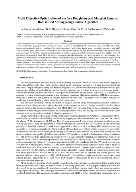 Pdf Multi Objective Optimization Of Surface Roughness And Material Removal Rate In End Milling