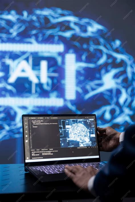 premium photo programmer running ai cognitive computing tech on laptop
