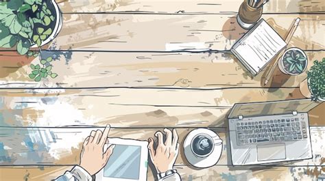 Freelancer Workplace On Wooden Desk Background Premium Ai Generated Vector