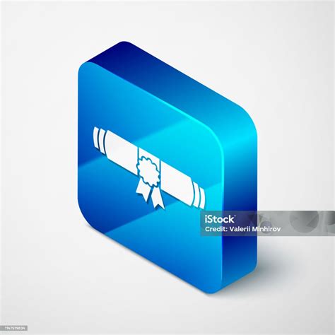 아이소메트릭 디플로마 스탬프와 흰색 배경에 고립 된 리본 아이콘으로 스크롤을 압 연 왁 스 씰이 있는 페이퍼 스크롤 졸업 컨셉