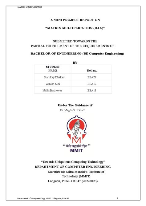 Daa Mini Project Report A Mini Project Report On “matrix Multiplication Daa” Submitted