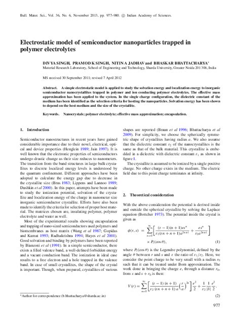 Pdf Electrostatic Model Of Semiconductor Nanoparticles Trapped In Polymer Electrolytes