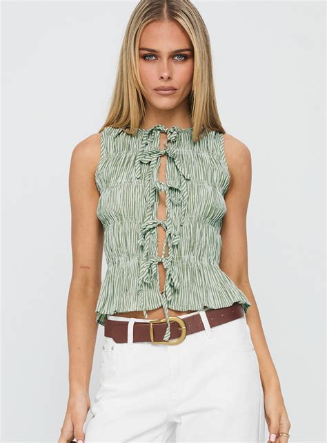 Apero Shirred Tie Front Top Green White Stripe Princess Polly