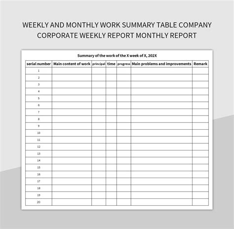 Weekly And Monthly Work Summary Table Company Corporate Weekly Report