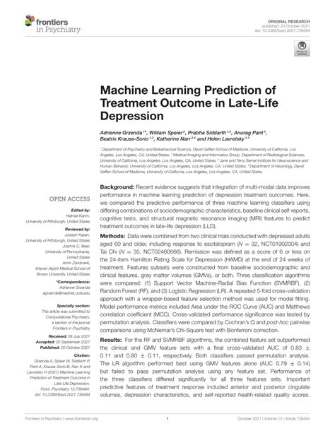 Pdf Machine Learning Prediction Of Treatment Outcome In Late Life Depression