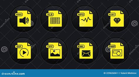 Set File Document RUBY TIFF EML MP XLS BMP And WMA Icon Vector Stock Vector
