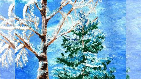 Как нарисовать зимний пейзаж гуашью Мастер класс рисуем березу и елку в зимнем лесу поэтапно