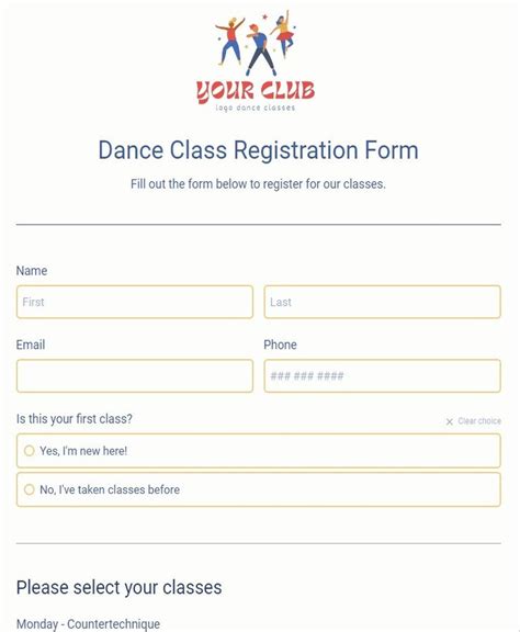 Dance Class Registration Form Template 123formbuilder