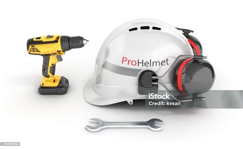 흰색 배경 3d 렌더링에 고립 된 렌치를 사용 하 여 건설 및 수리 장비 보호 헬멧 및 스크루 드라이버의 그림 개념에 대한 스톡 사진 및 기타 이미지 Istock
