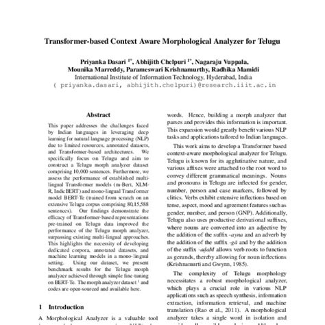 Transformer Based Context Aware Morphological Analyzer For Telugu Acl Anthology