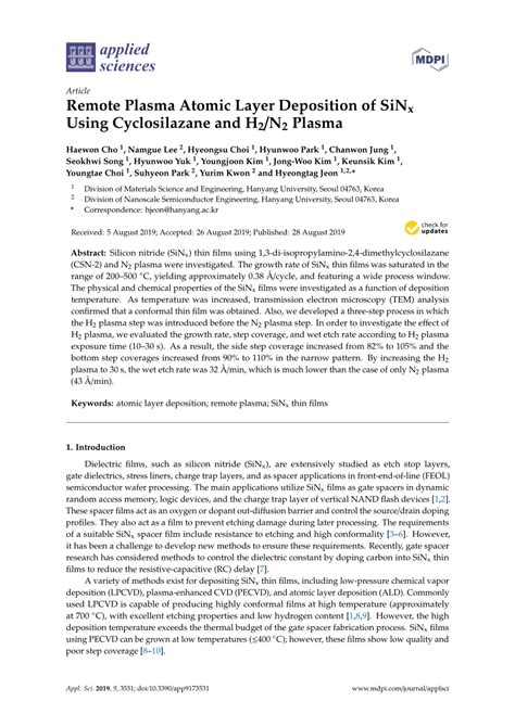 pdf remote plasma atomic layer deposition of sinx using cyclosilazane