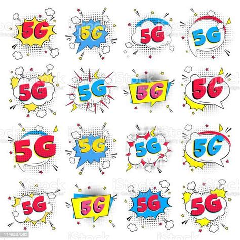 16 현대 5g 무선 인터넷 와이파이 연결 만화 스타일 연설 거품 느낌표 텍스트 5g 평면 스타일 디자인 벡터 일러스트 레이 션 흰색 배경 세트에 고립 새로운 모바일 인터넷