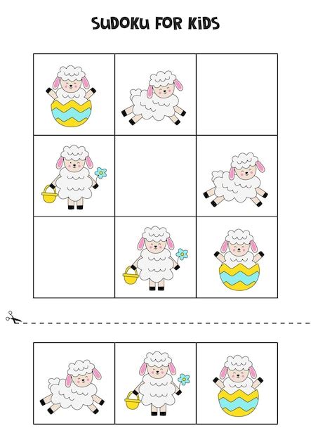 Судоку с милыми пасхальными ягнятами для детей дошкольного возраста образовательный лист