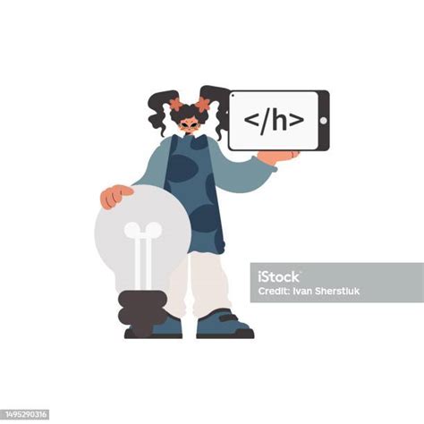 Wanita Muda Itu Memegang Jendela Browser Dengan Gambar Pemrograman Dan Untuk Boot Berdiri Di