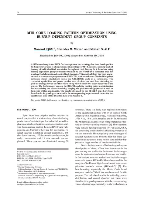 Pdf Mtr Core Loading Pattern Optimization Using Group Dependent Group